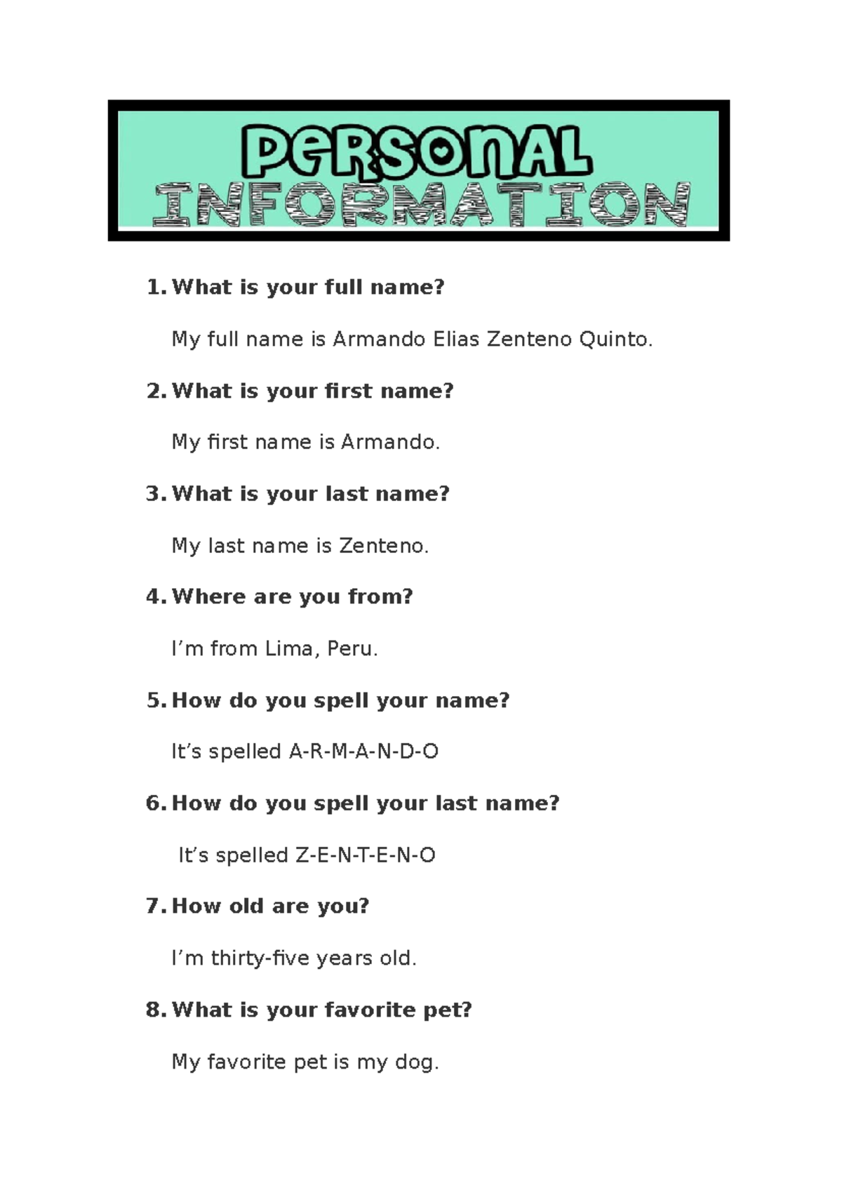 Personal Info Questions - V Cycle - Teacher Armando - Studocu