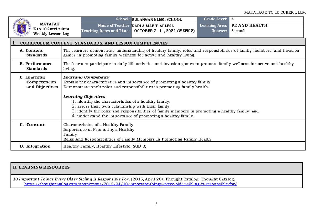 DLL Matatag PE & Health 4 Q2 Week 1-2 Lesson Plans and Activities - Studocu