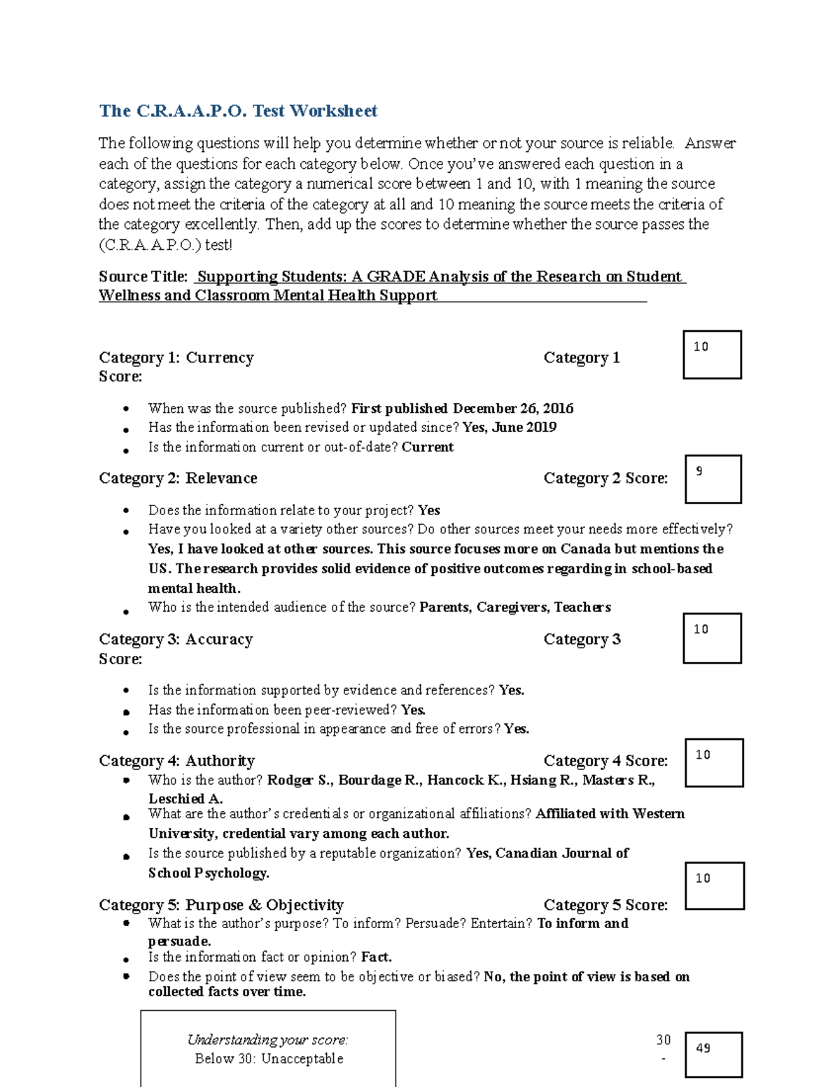 CRAAPO Test for sources used - The C.R.A.A.P. Test Worksheet The ...