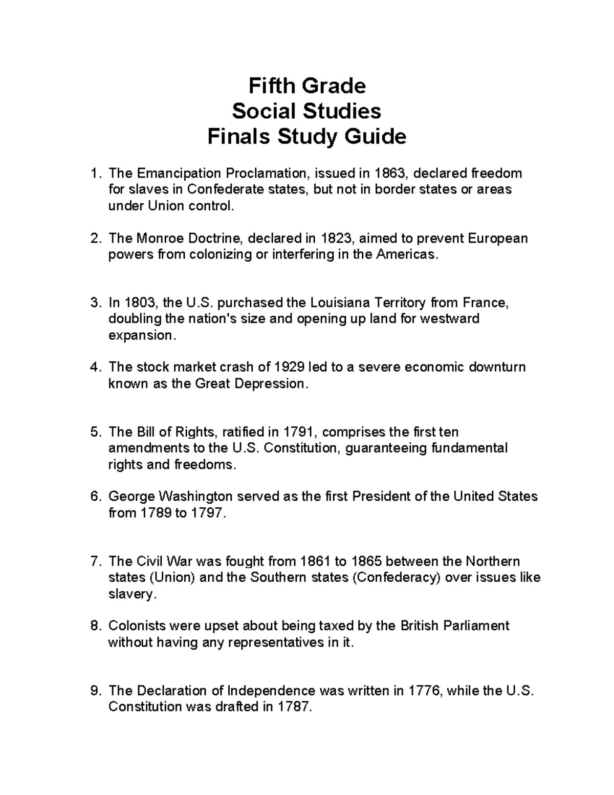 Fifth Grade Social Studies Finals Study Guide: Key Historical Events ...