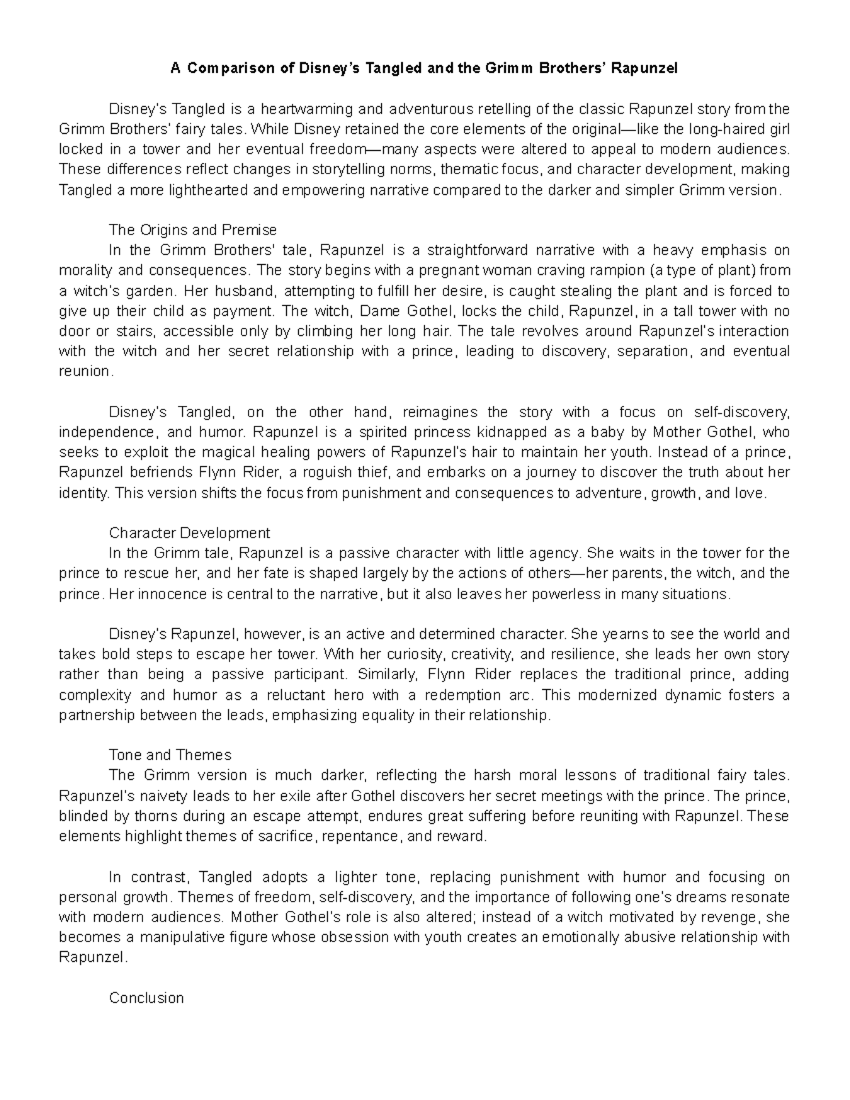 A Comparison of Disney’s Tangled and the Grimm Brothers’ Rapunzel - A ...