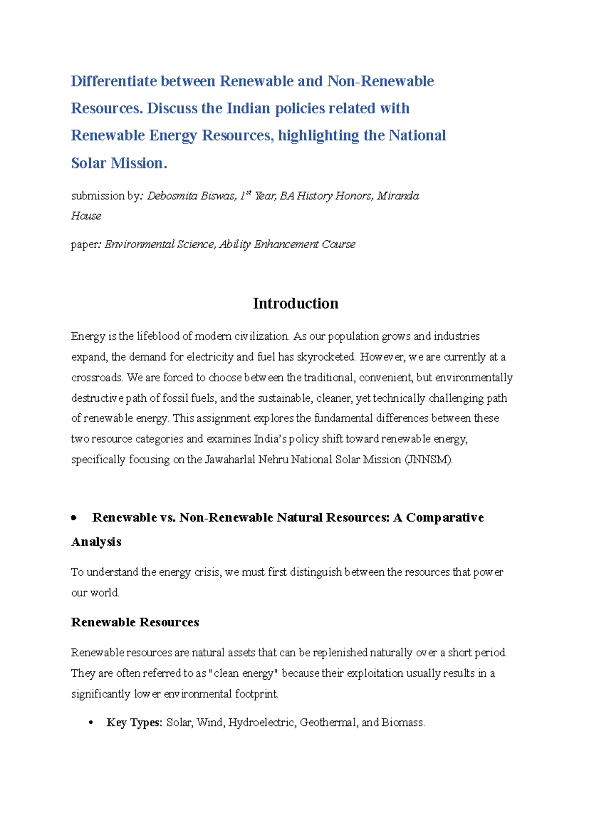 EVS Assignment: Renewable vs. Non-Renewable Resources & India's Solar ...
