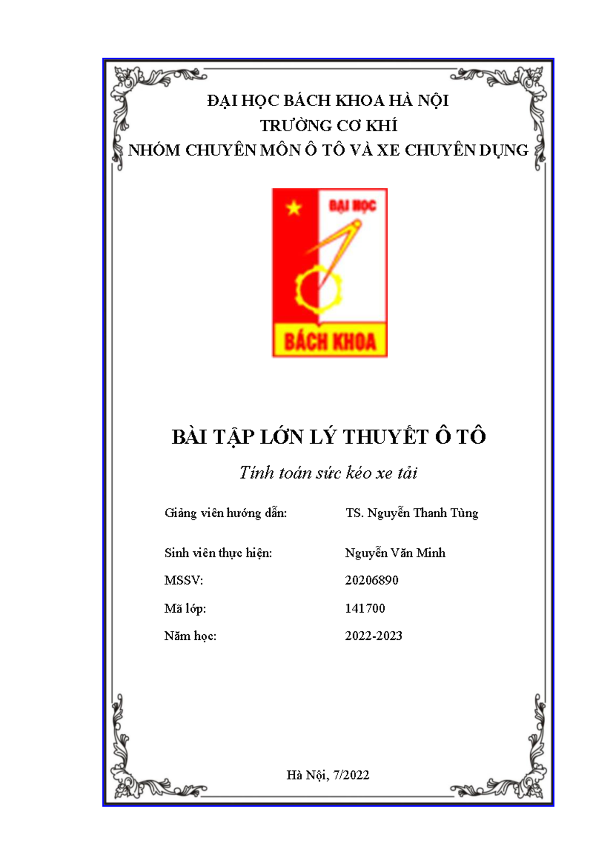 Bài Tập Lớn Lý Thuyết Ô Tô - Tính Toán Sức Kéo Xe Tải (141700) - Studocu