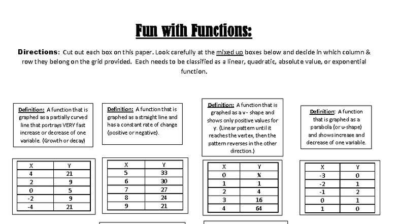 Fun with Functions: Linear, Quadratic, Exponential, Absolute Value - Studocu