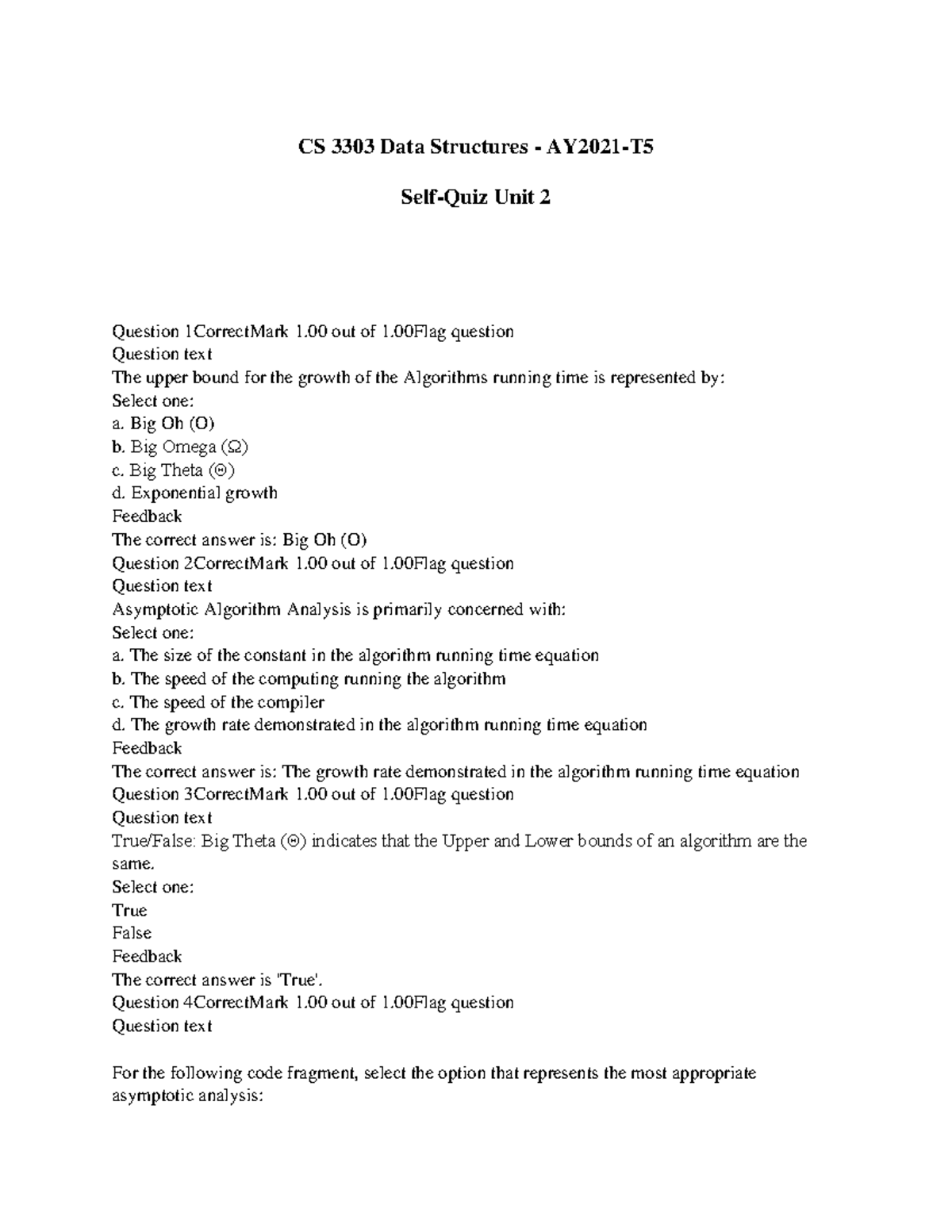 CS 3303 Data Structures - AY2021-T5 - Self-Quiz Unit 2 - CS 3303 Data Structures - AY2021-T ...