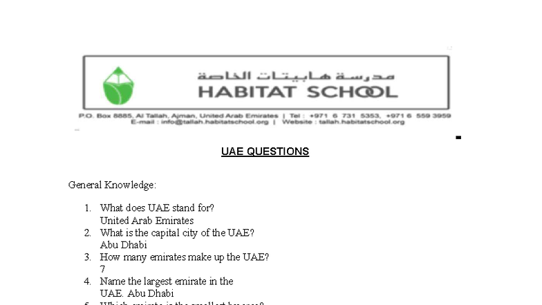 UAE QUIZ - General Knowledge Study Material for Students - Studocu