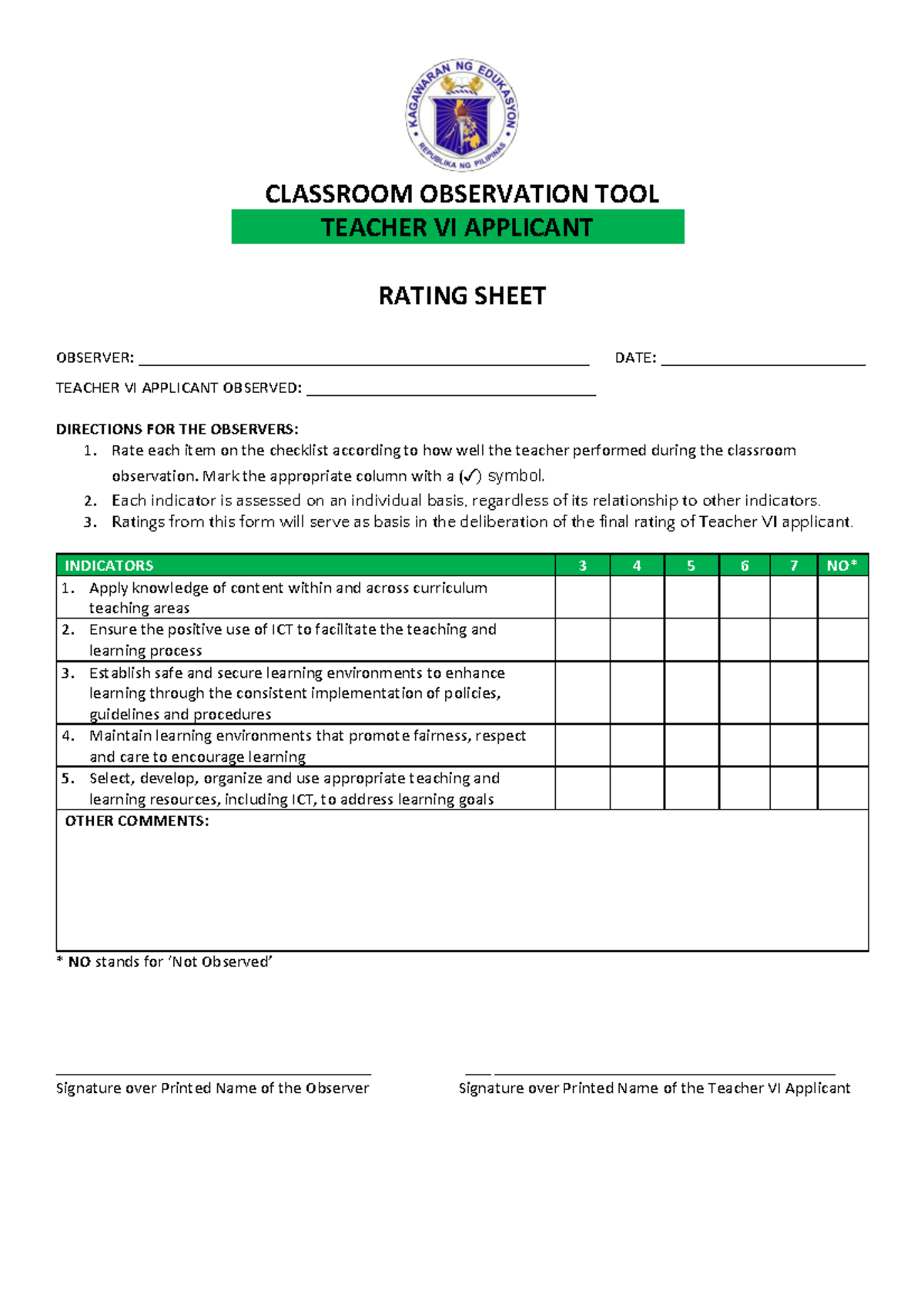 Teacher VI Applicant Classroom Observation Tool (Rating Sheet) - Studocu