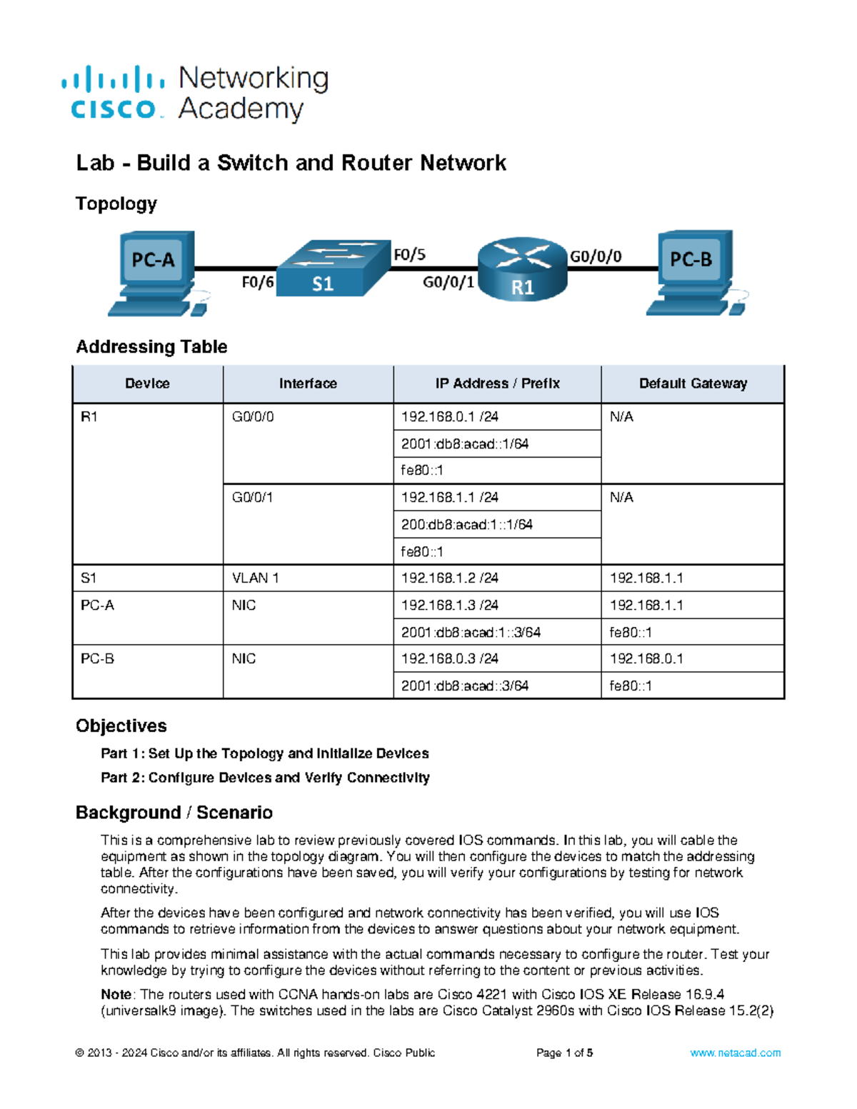 10.4.4 Lab - Build a Switch and Router Network - Topology Addressing Table Device Interface IP ...