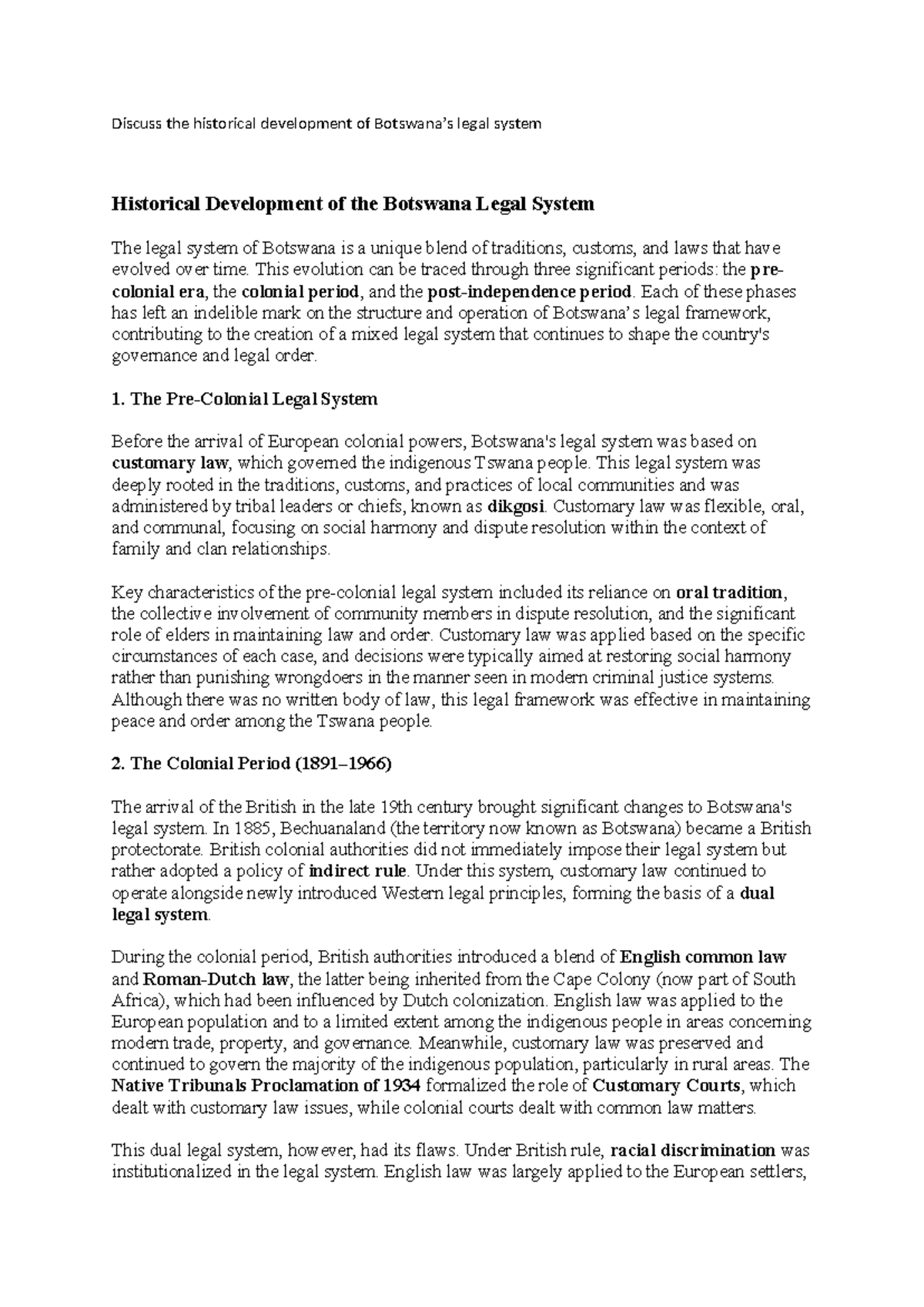 Historical Development of the Botswana Legal System: An Essay - Studocu