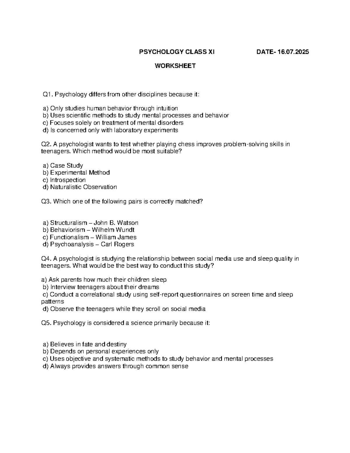 PSYCHOLOGY CLASS XI WORKSHEET ASSIGNMENT 16.07.2025 - Studocu