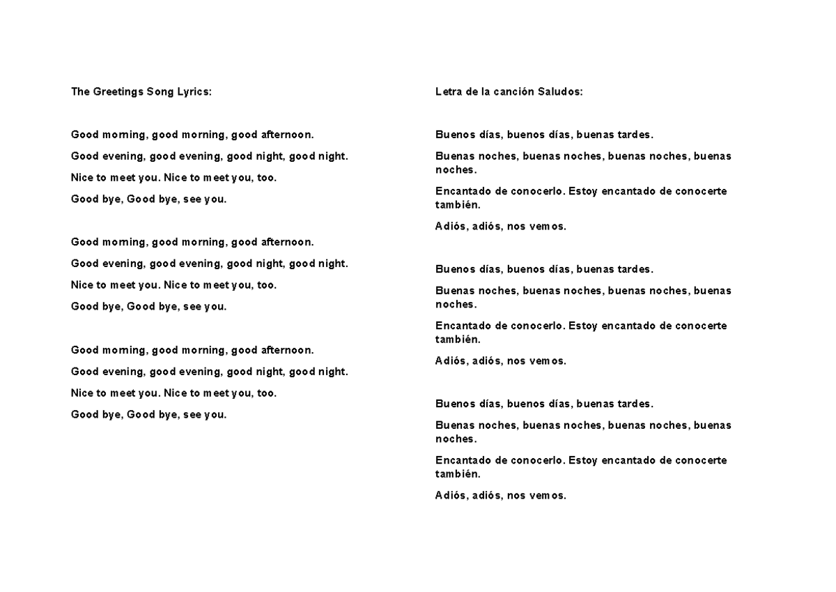 The Greetings Song Lyrics - English and Spanish Versions - Studocu