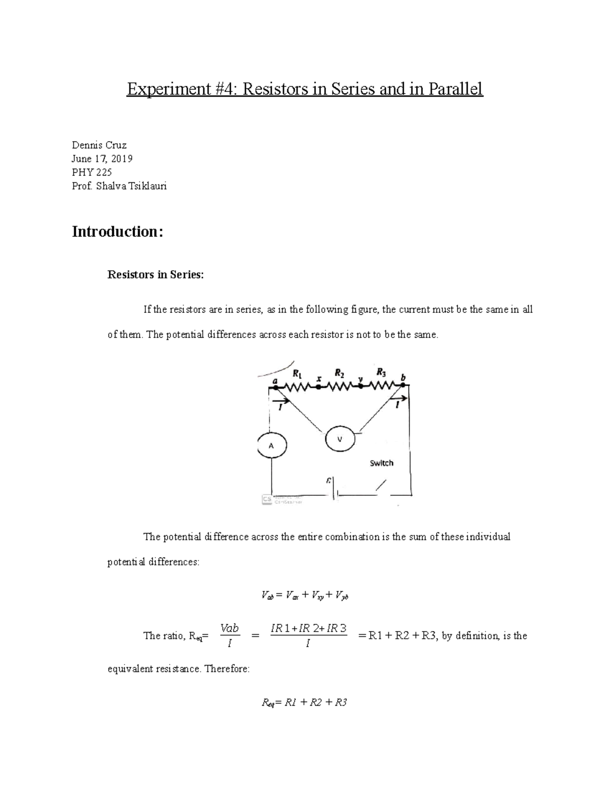 Experiment 4: Resistors in Series and Parallel Connections - PHY 225 ...