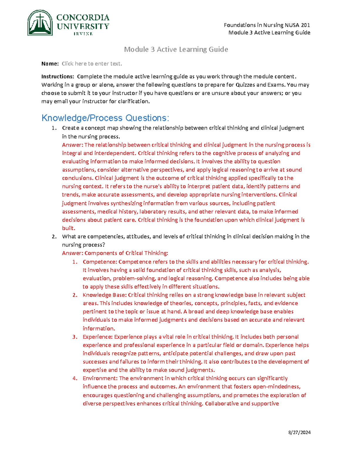Foundations in Nursing NUSA 201 Module 3 Active Learning Guide Answers - Studocu