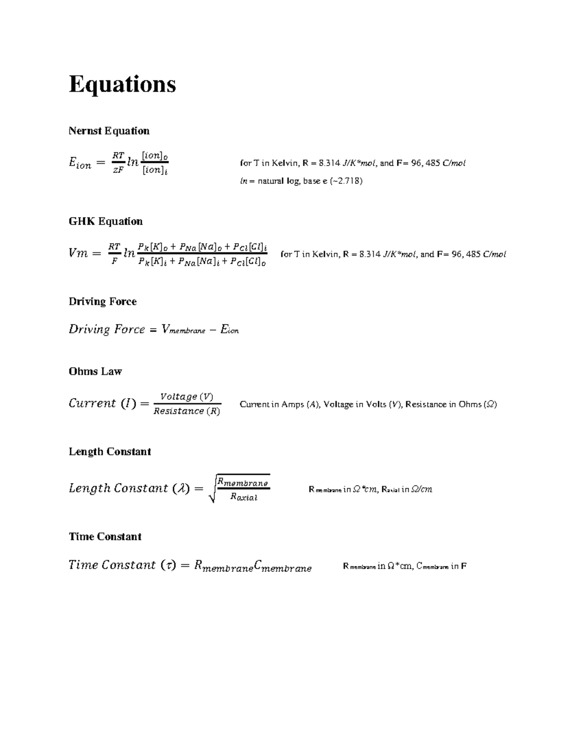 Nernst & GHK Equations Ref Sheet for Physiology 101 - Studocu