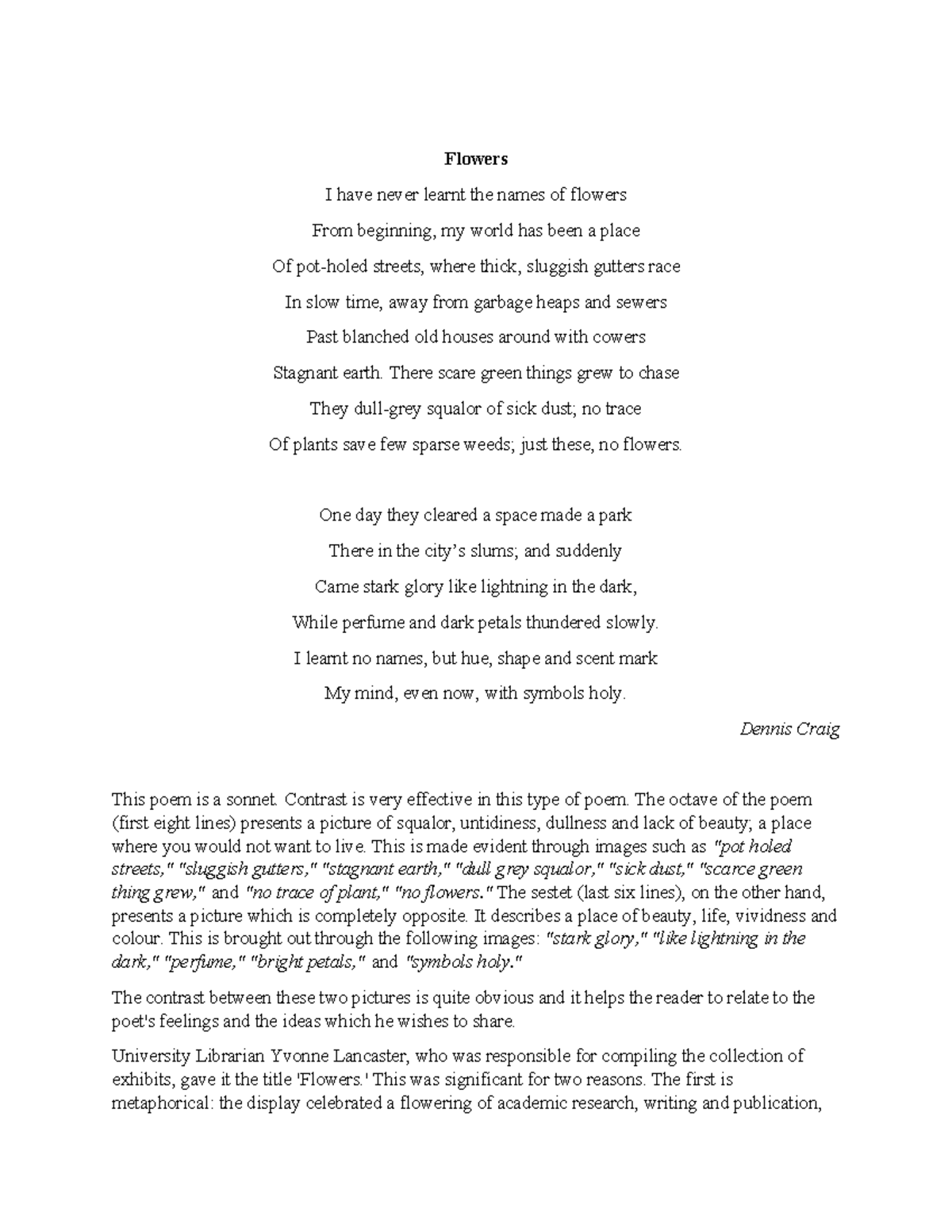 Analysis of "Flowers" by Dennis Craig: A Sonnet's Contrast - Studocu