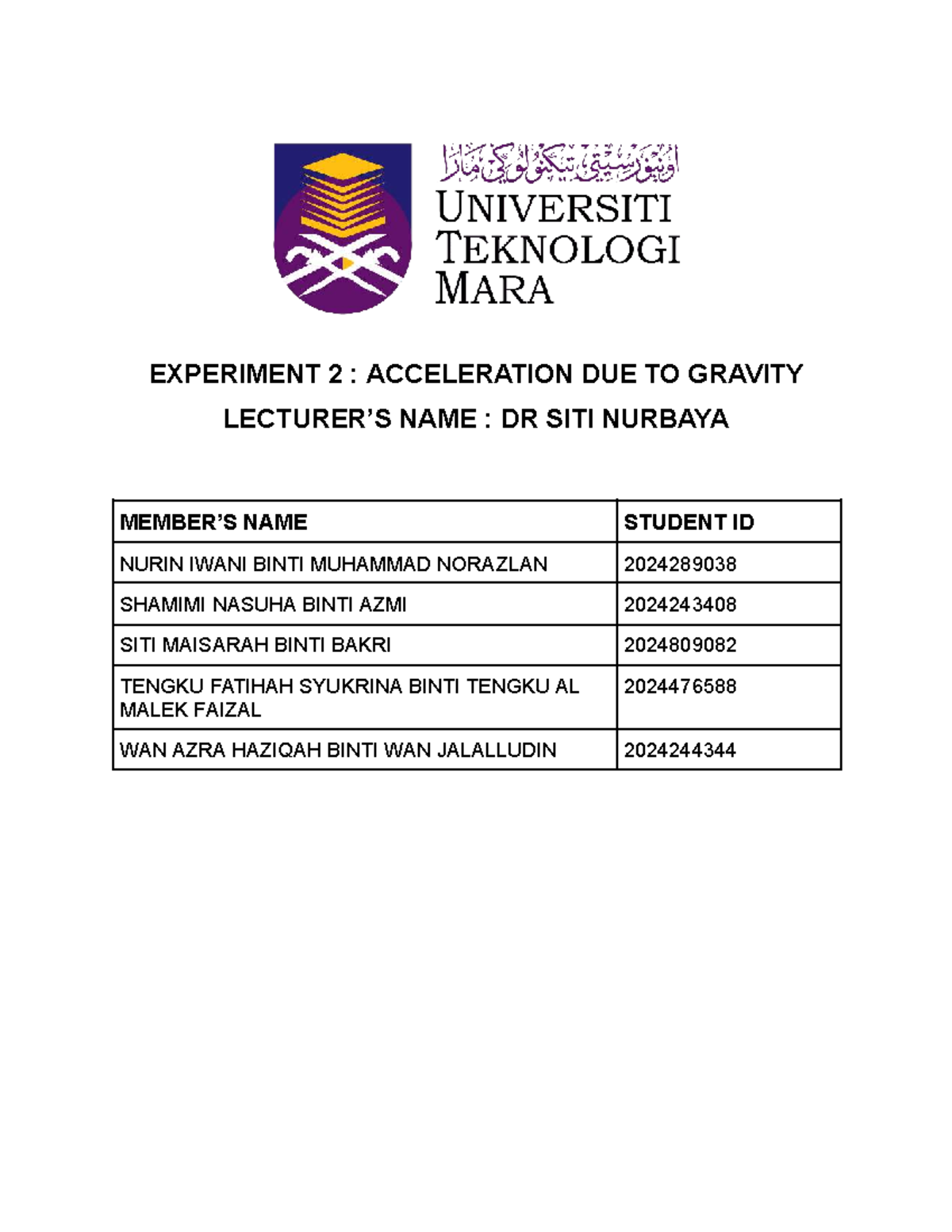 Experiment 2: Determining Acceleration Due to Gravity Using Pendulum - Studocu
