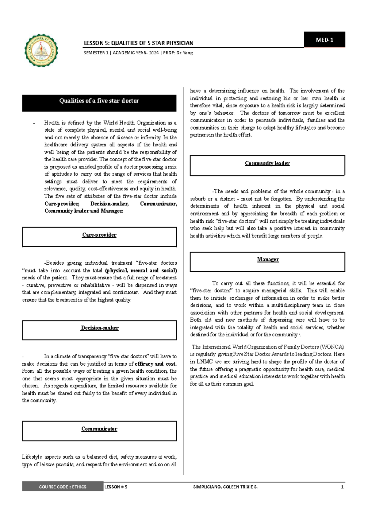 LESSON 5: QUALITIES OF A 5 STAR PHYSICIAN (ETHICS) - Studocu