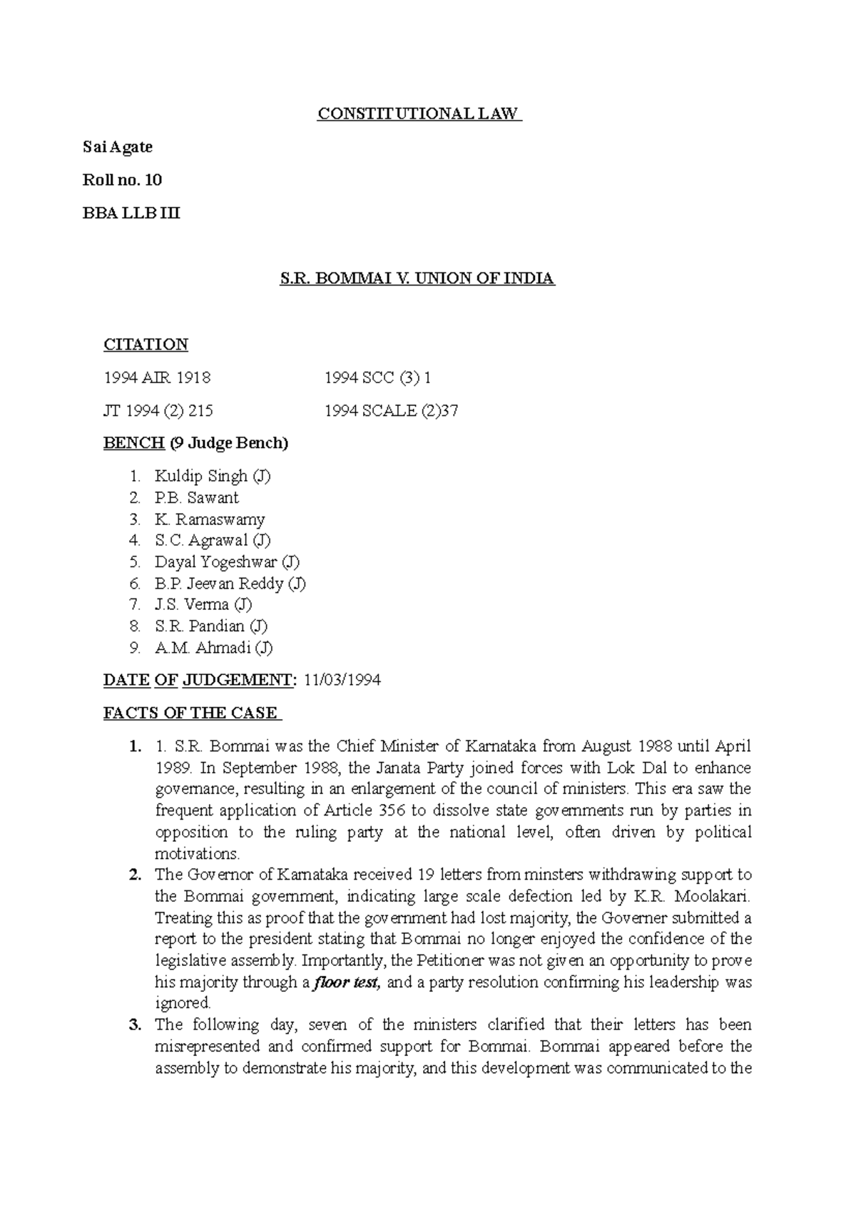 BBA LLB Constitutional Law: S.R. Bommai v. Union of India Case Study ...