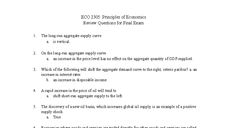 ECO 2305: Principles of Economics Final Exam Review Questions - Studocu