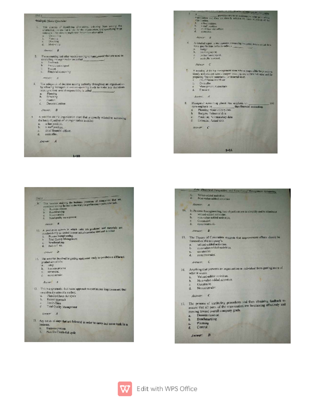 Cost Accounting MCQ Answer Key for Management 5 Unit I - Studocu