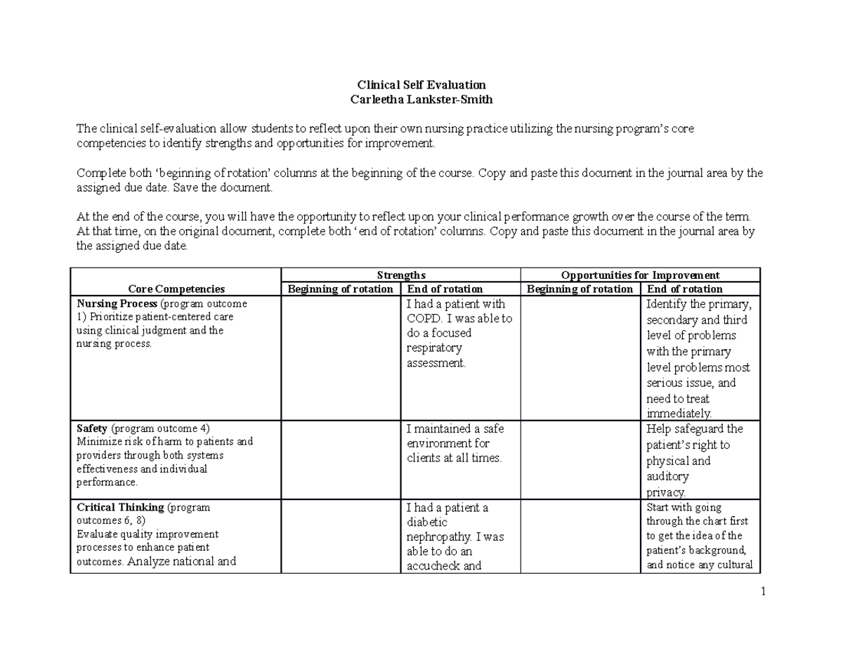 NSG425 Unit 16 Clinical Self Evaluation and Competency Reflection - Studocu