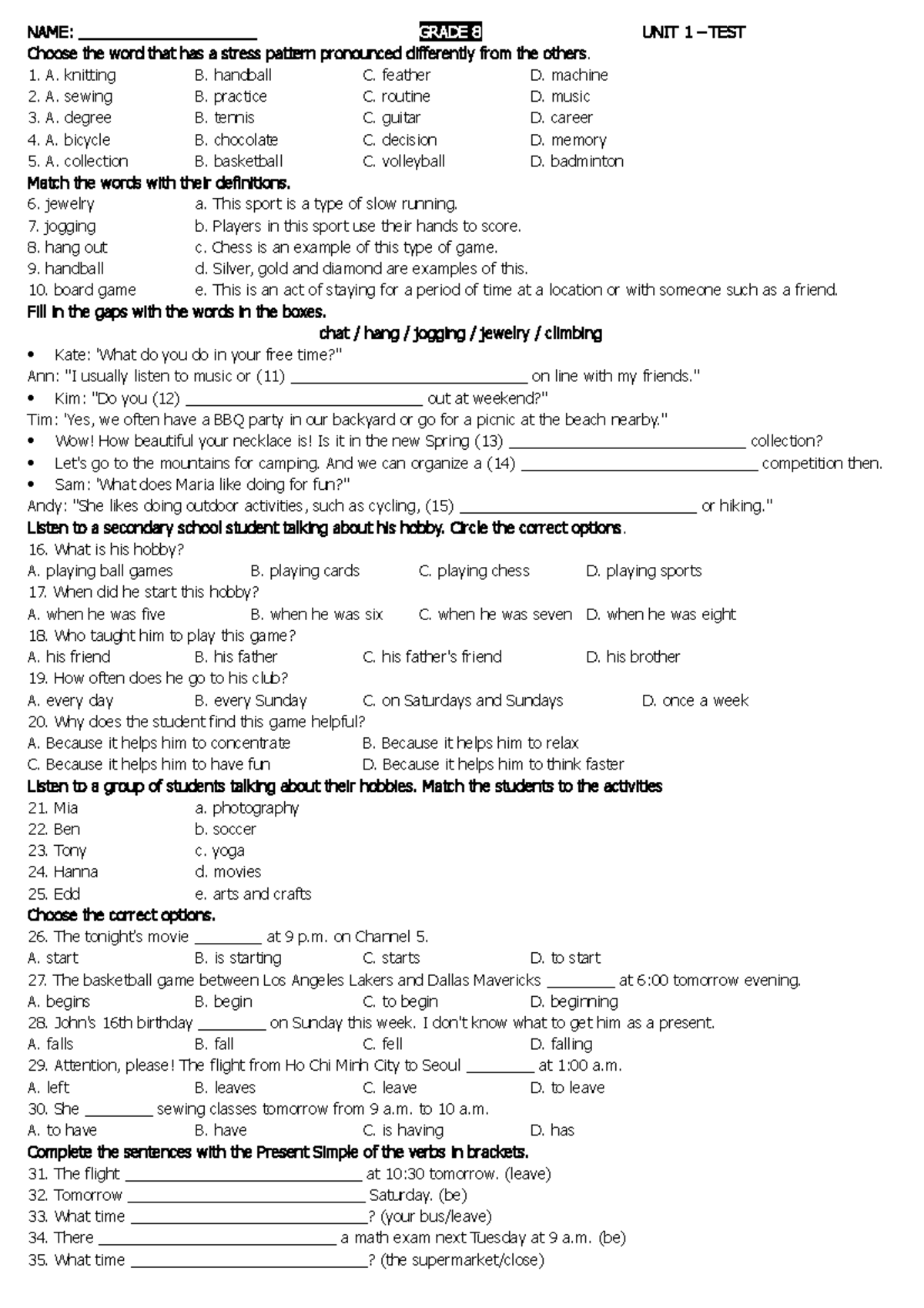 Grade 8 - Unit 1 - English Test - Đề Thi Tiếng Anh 8 - Studocu