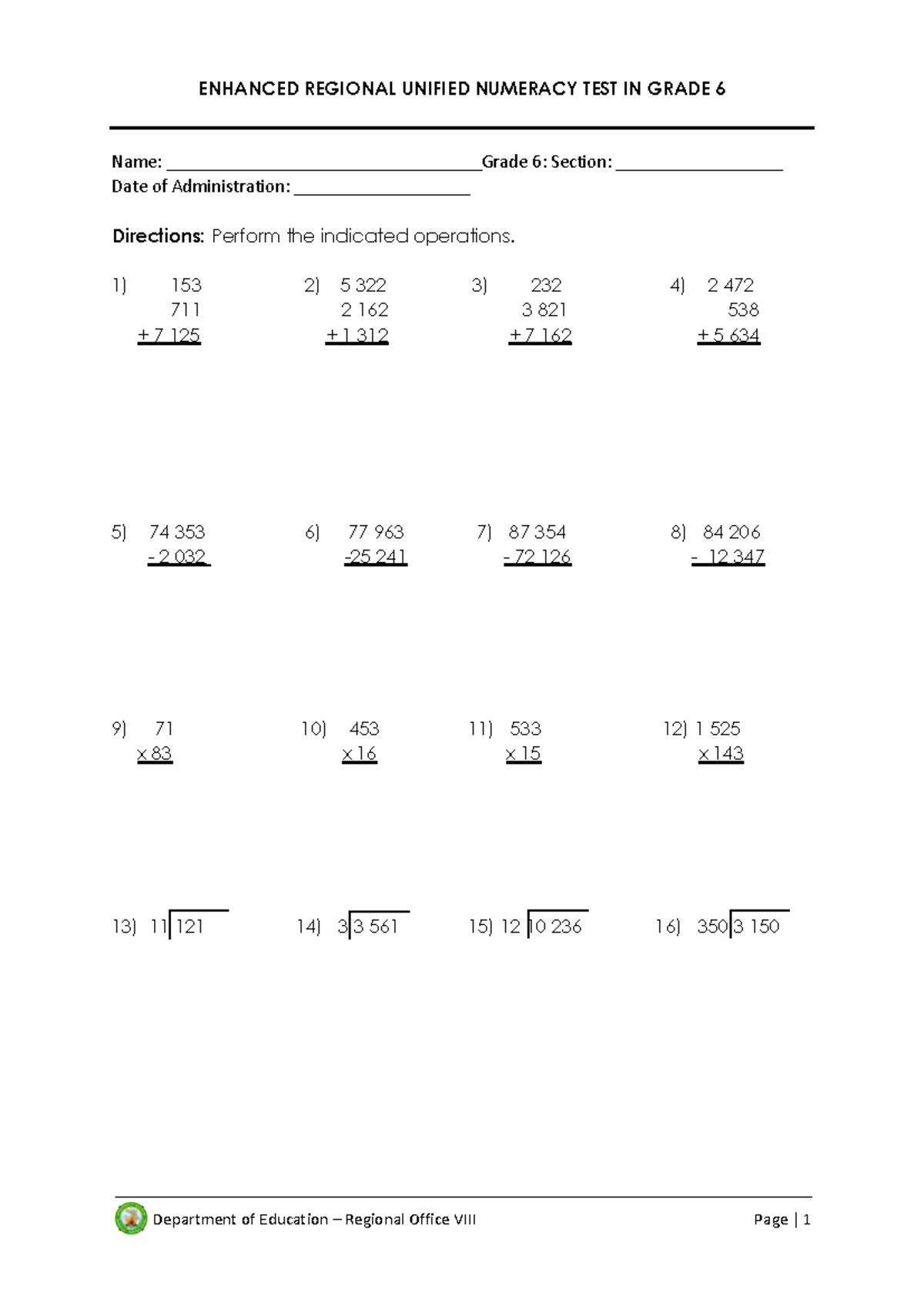Grade 6 Enhanced Regional Unified Numeracy Test (ERUNT) - Studocu