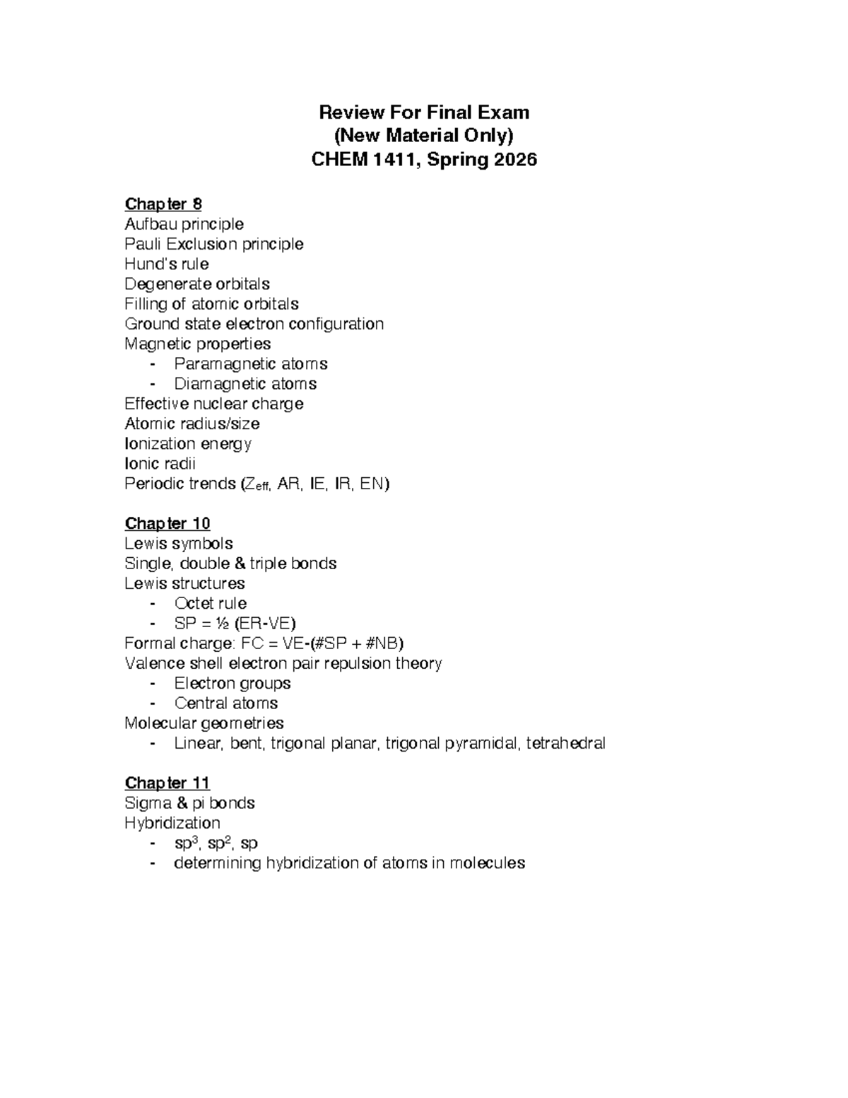 Review For Final Exam CHEM 1411 - Spring 2026 - Studocu