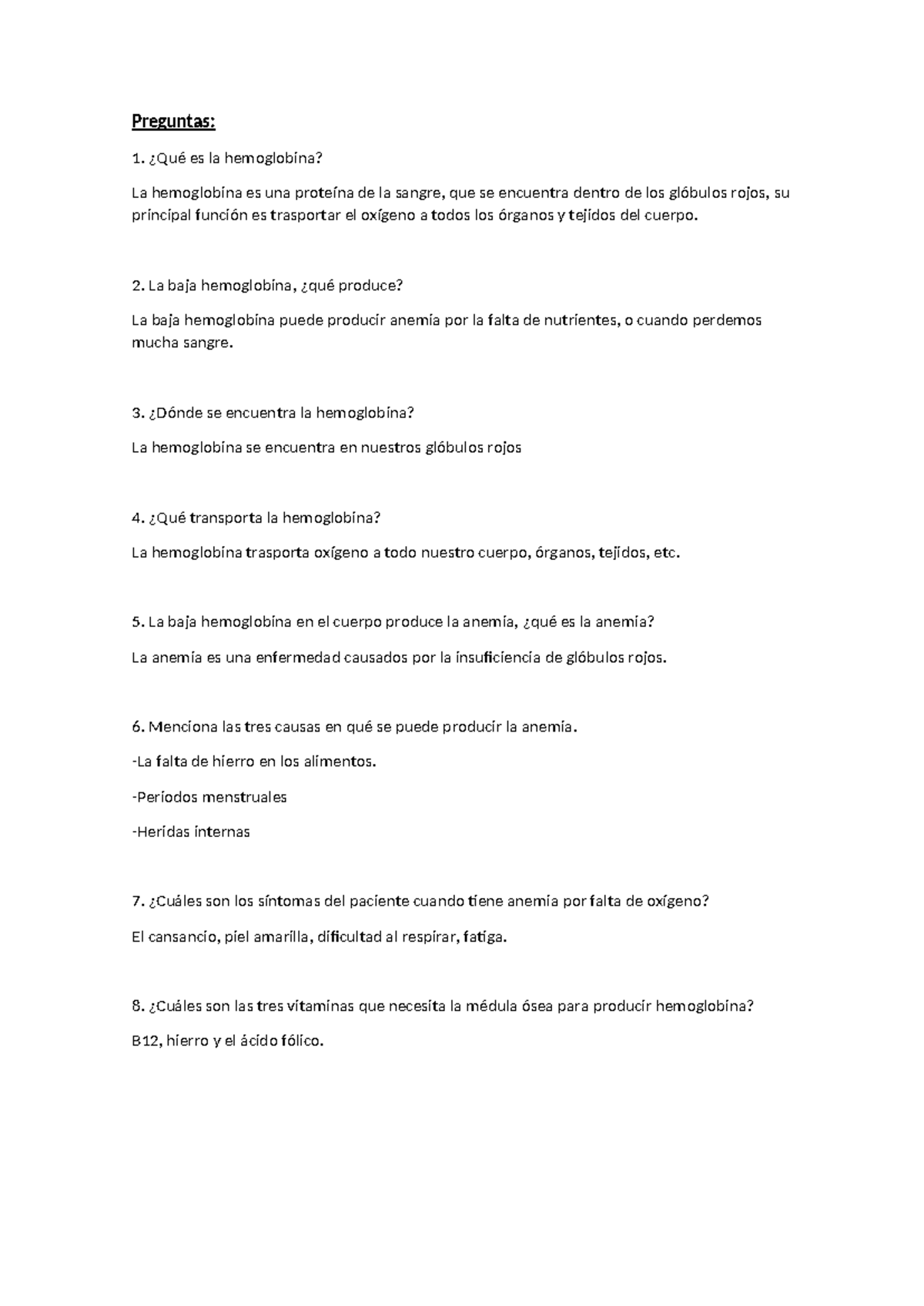 Preguntas sobre la Anemia y la Hemoglobina: Respuestas Clave - Studocu