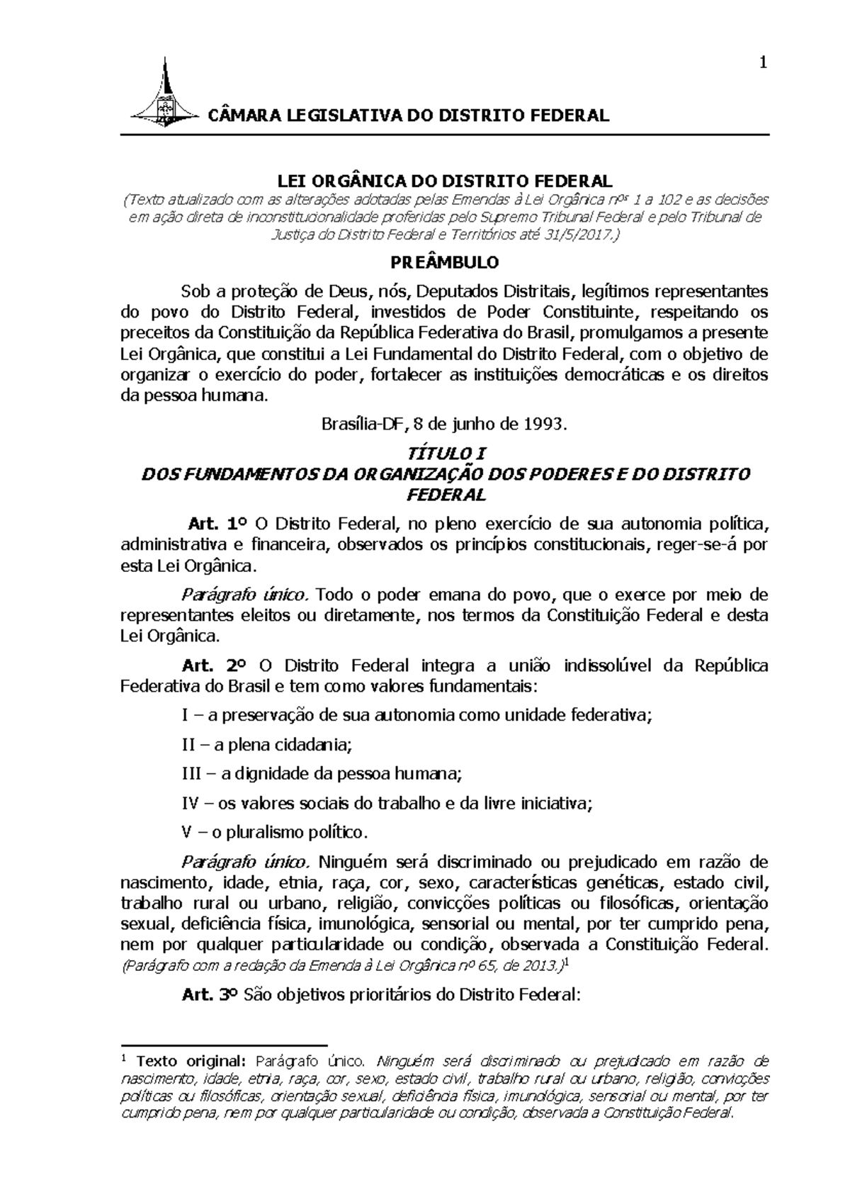 Lei Orgânica do Distrito Federal - LODF Atualizada (Emendas 1 a 102 ...