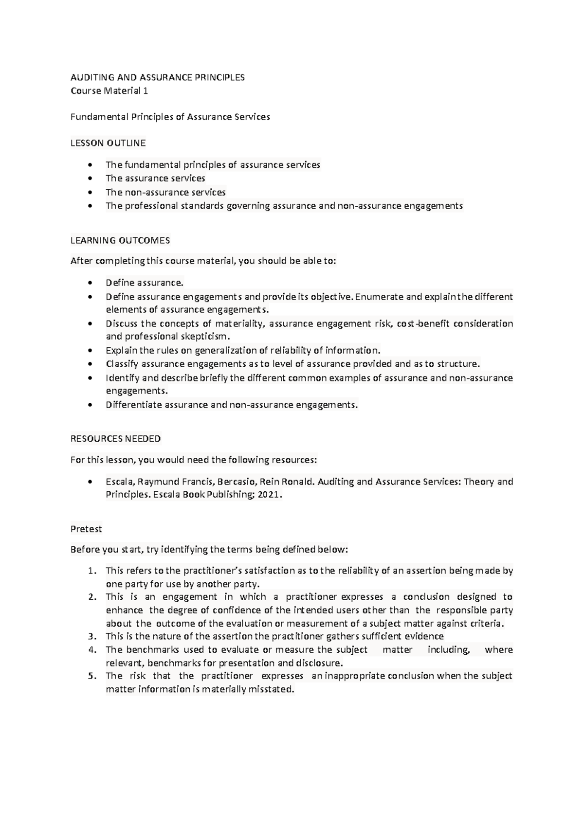 AUDITING AND ASSURANCE PRINCIPLES (AA 101) Lesson Outline on ...