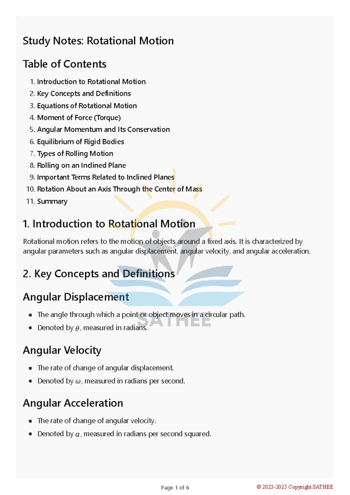 Rotational Motion Study Notes: Key Concepts & Equations - Studocu