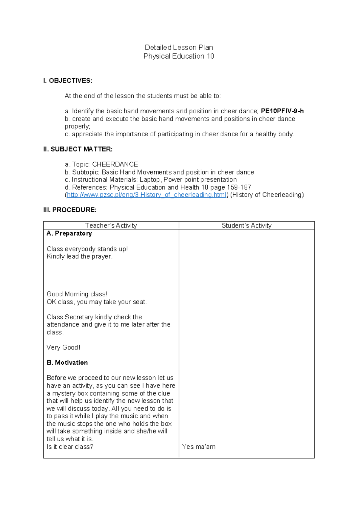 PE10 Lesson Plan: Intro to Basic Cheer Dance Movements - Studocu