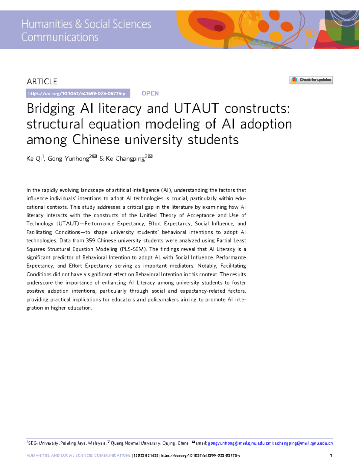 AI Literacy and UTAUT Constructs: Modeling AI Adoption in Chinese ...