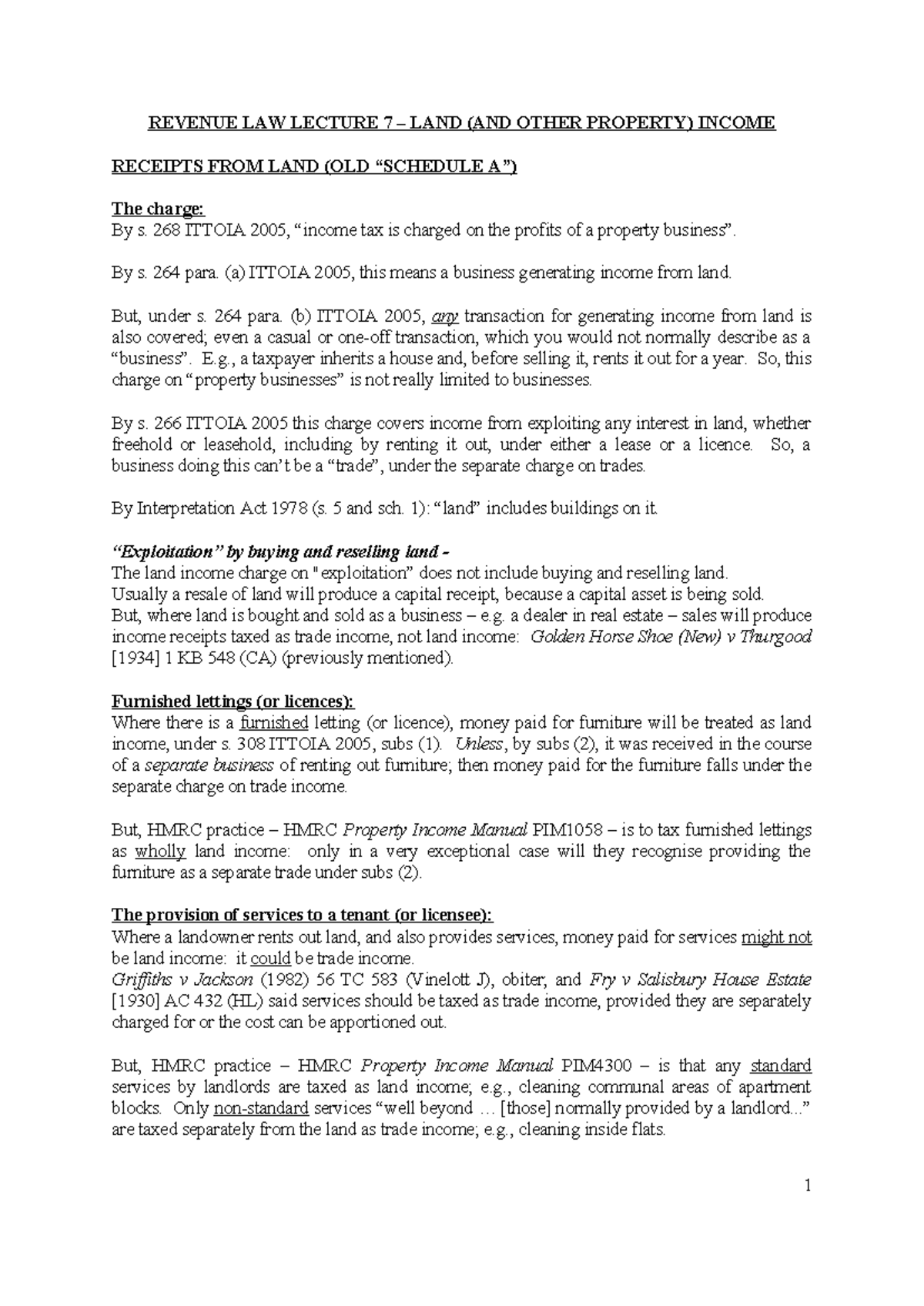 REVENUE LAW LECTURE 7: LAND INCOME RECEIPTS & EXCEPTIONS - Studocu