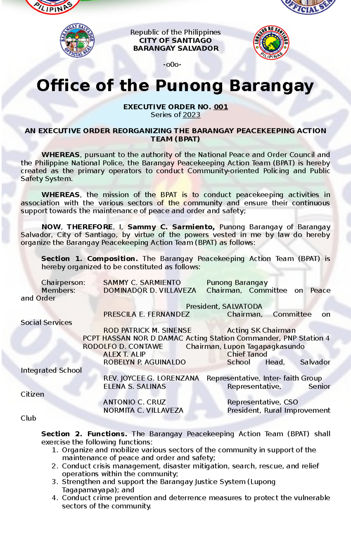 Executive Order No. 001 s. 2023: Reorganizing the BPAT Team - Studocu
