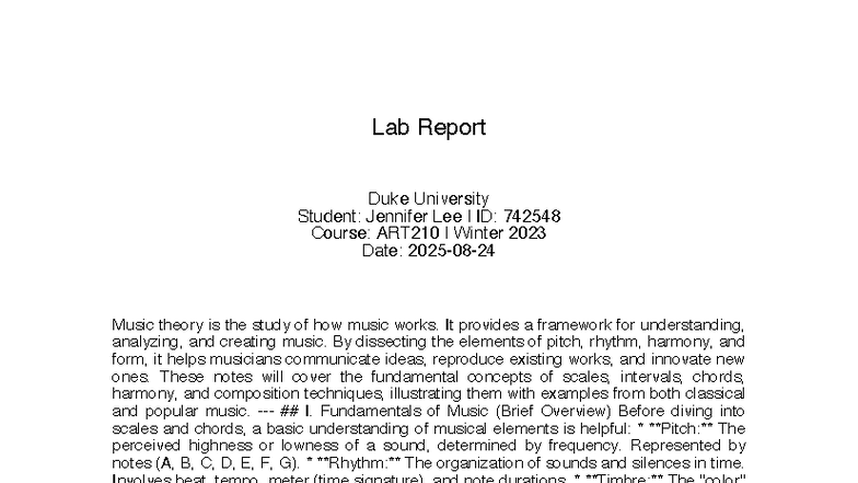 ART210 Winter 2023: Music Theory Lab Report by Jennifer Lee - Studocu