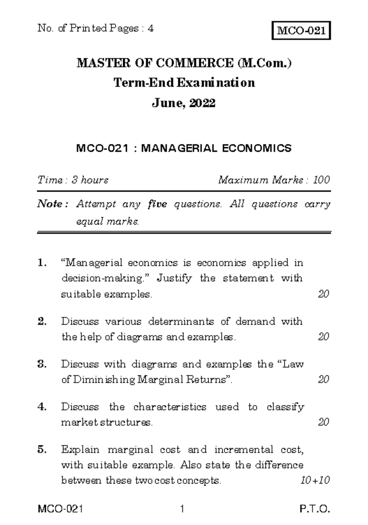 MCO-21 - QUESTION PAPER 2022 - MCO-021 1 P.T. MCO- MASTER OF COMMERCE ...