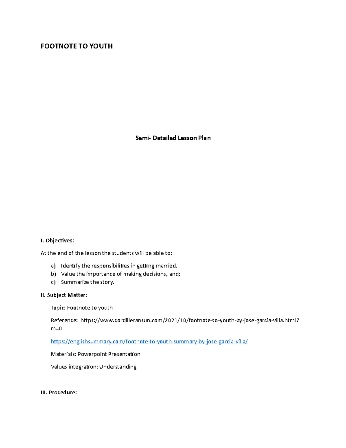 Footnote to Youth Lesson Plan (EDU 101) with Objectives & Activities ...