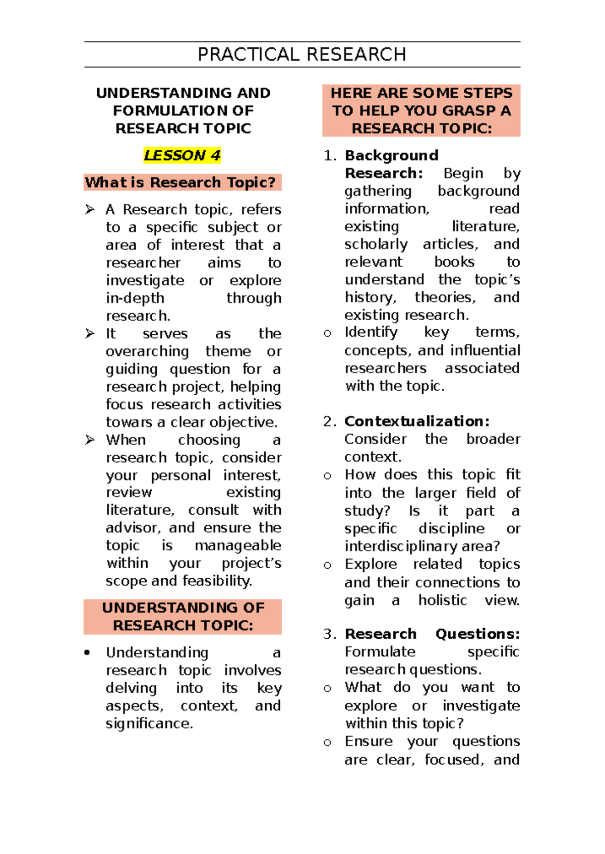 PR 2 - 1ST SEM - L4 - Understanding and Formulating Research Topics ...