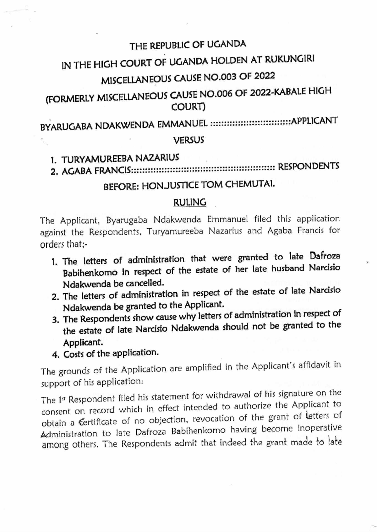 Byarugaba v Turyamureeba: Ruling on Miscellaneous Cause No. 003 of 2022 ...