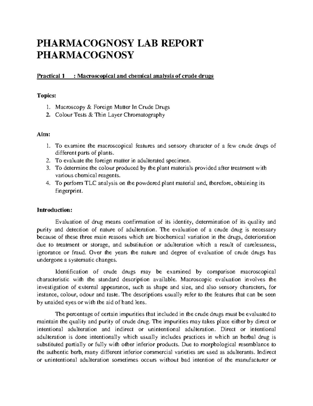 PHARMACOGNOSY Lab Report: Macroscopic & Chemical Analysis of Drugs ...