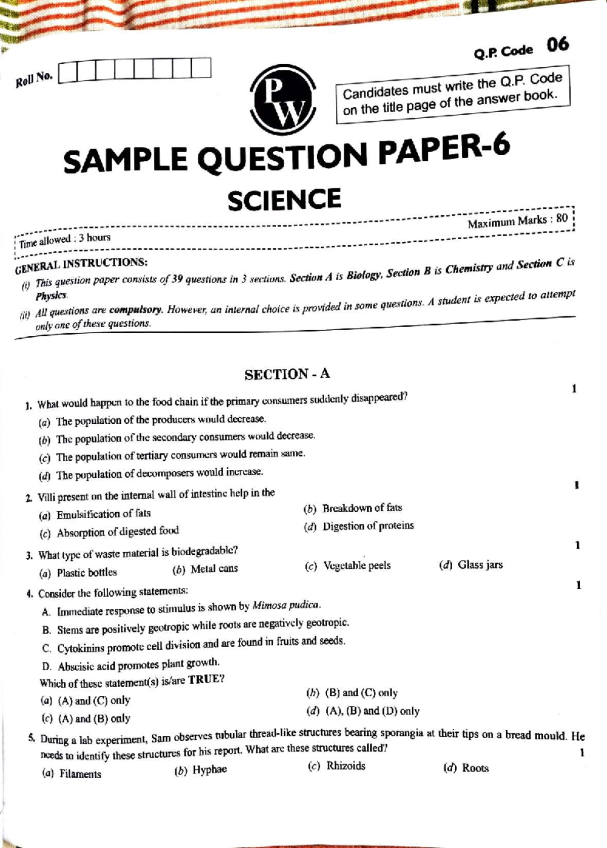 Science Sample Paper - Q.P. Code 06 P - Exam Preparation Guide - Studocu