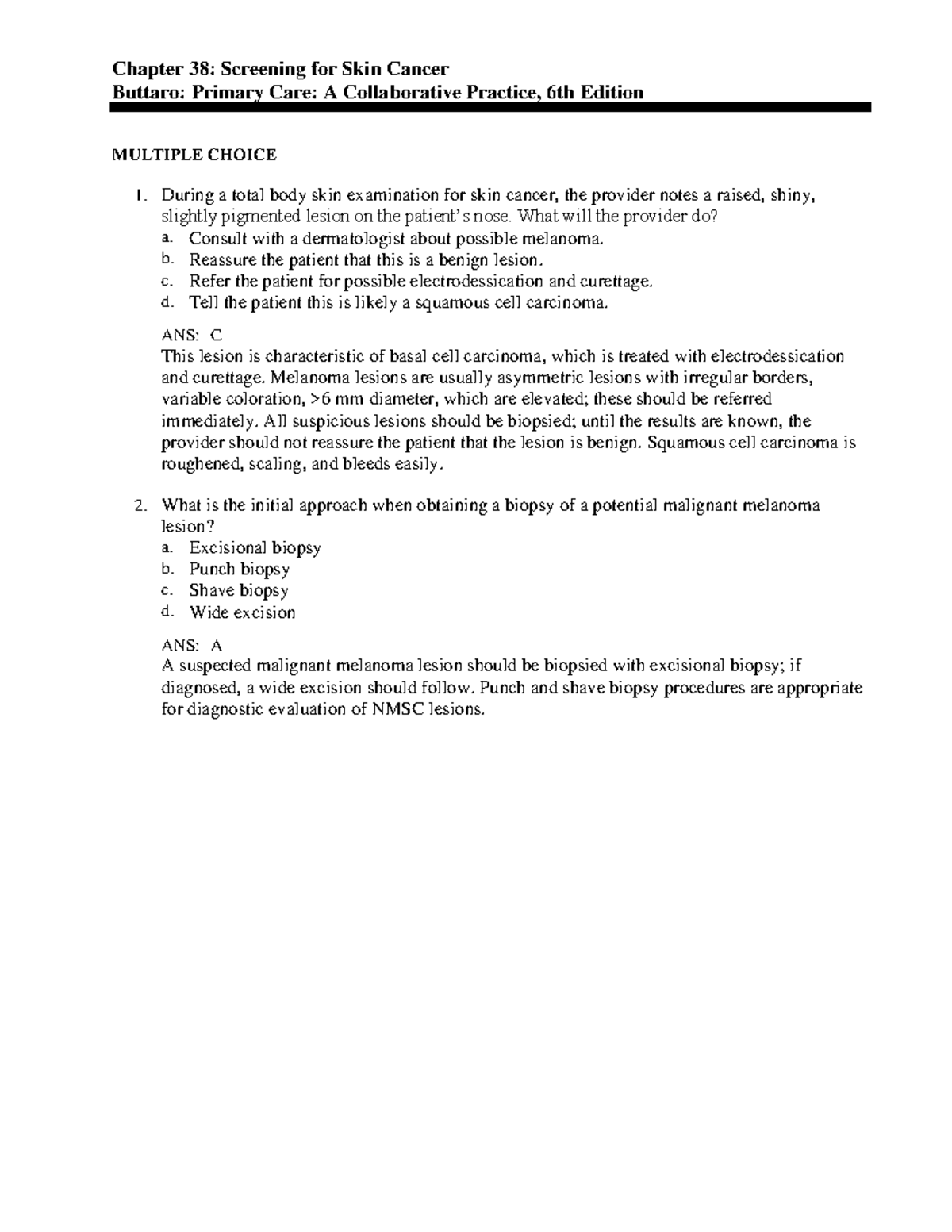 Chapter 38: Practice Questions on Skin Cancer Screening - Studocu