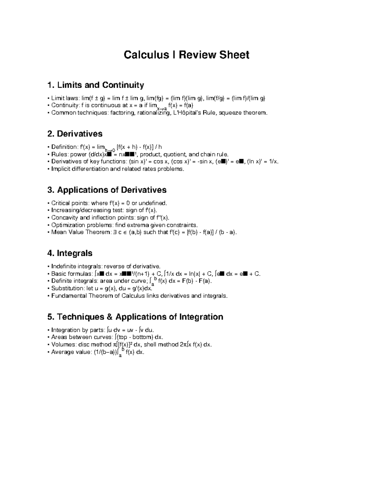 Calc I Review Sheet: Limits, Derivatives, and Integrals - Studocu