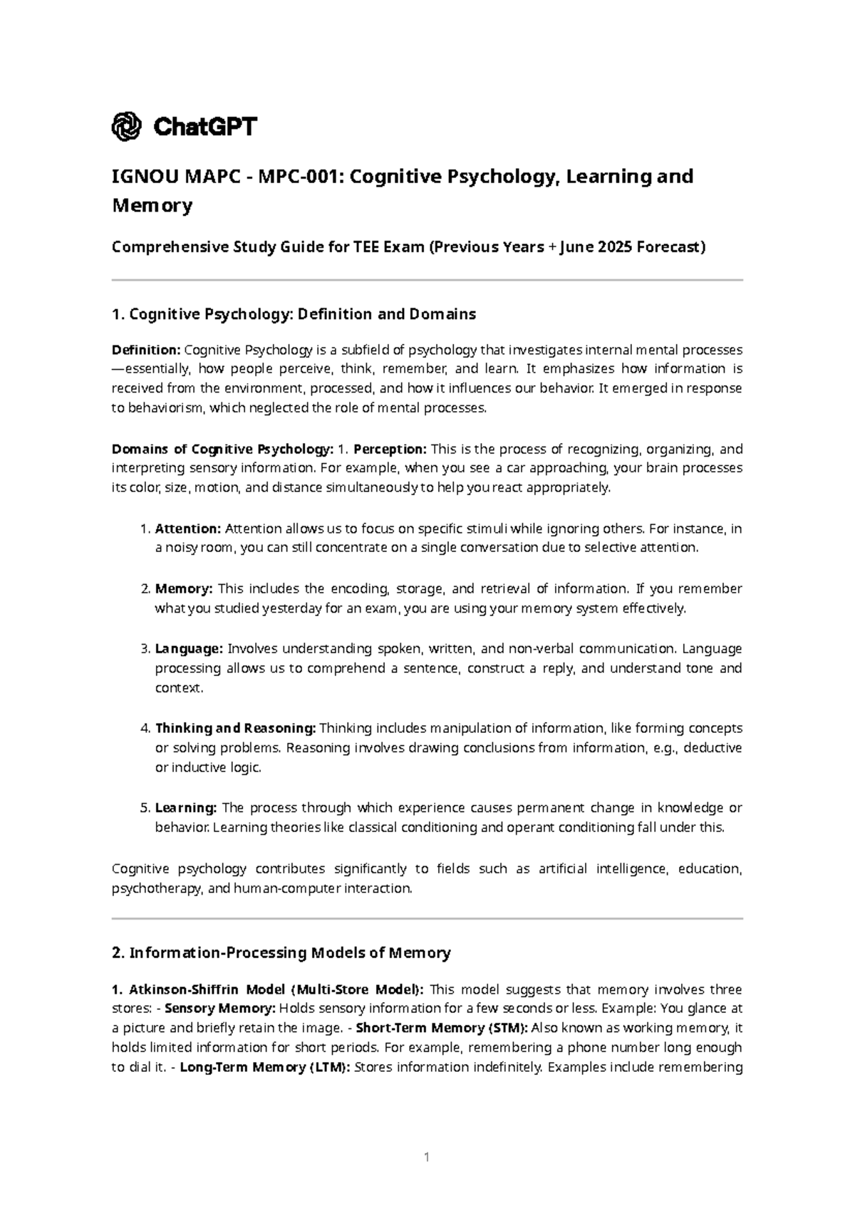 IGNOU MPC001 Cognitive Psychology: Learning & Memory Study Guide for ...