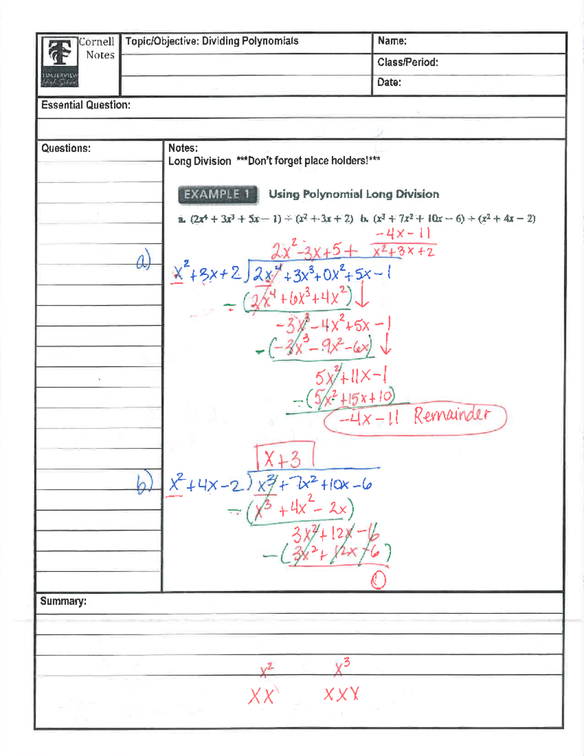 Polynomial Long Division Notes - TIMBERVIEW High School - Studocu