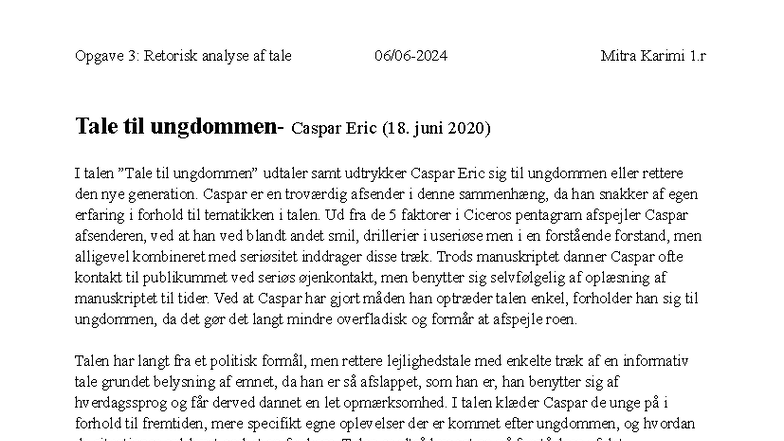 Opgave 3: Retorisk Analyse af Caspar Erics Tale til Ungdommen - Studocu