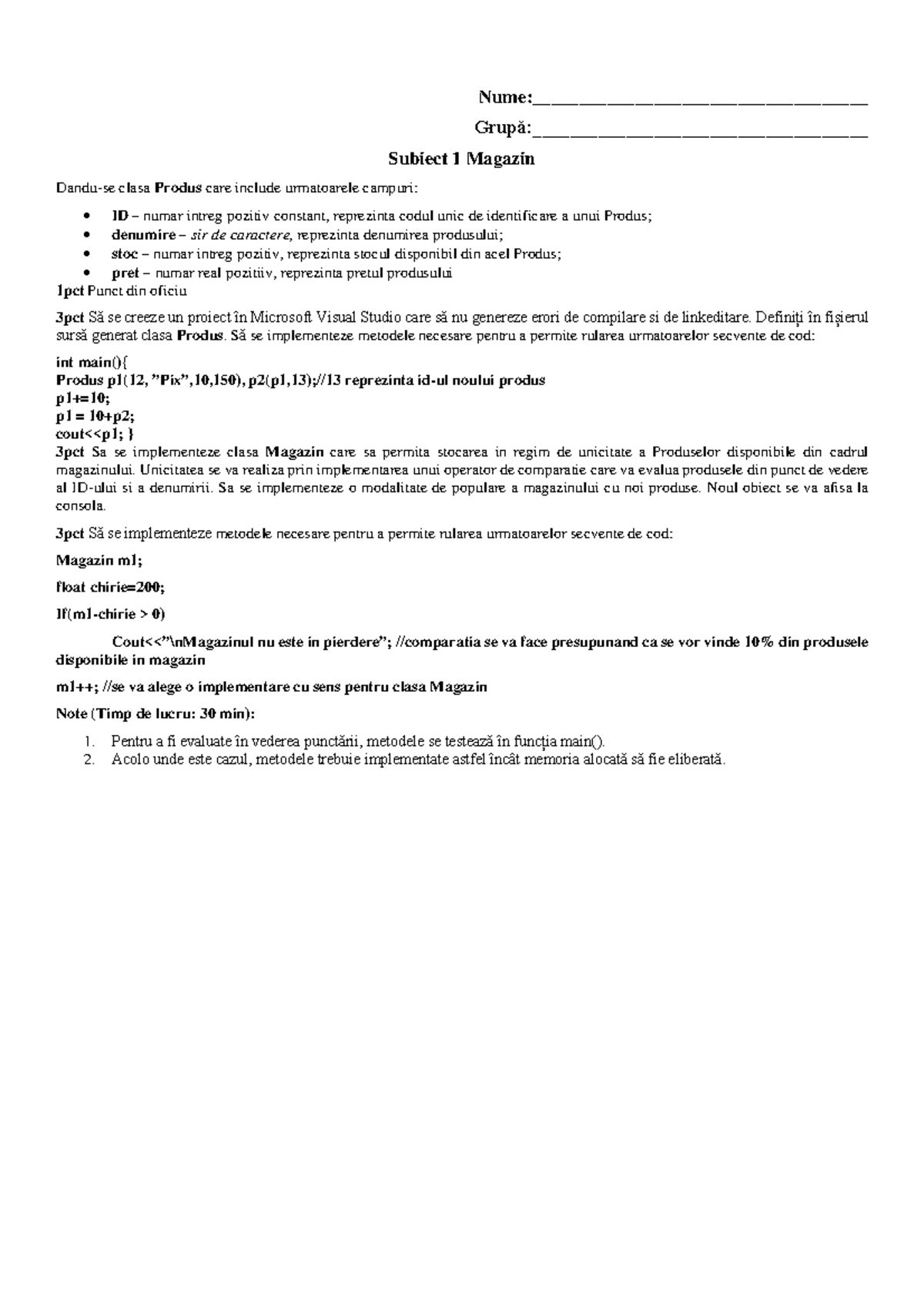 Subiecte POO - Proiecte în Visual Studio pentru Clase - Studocu