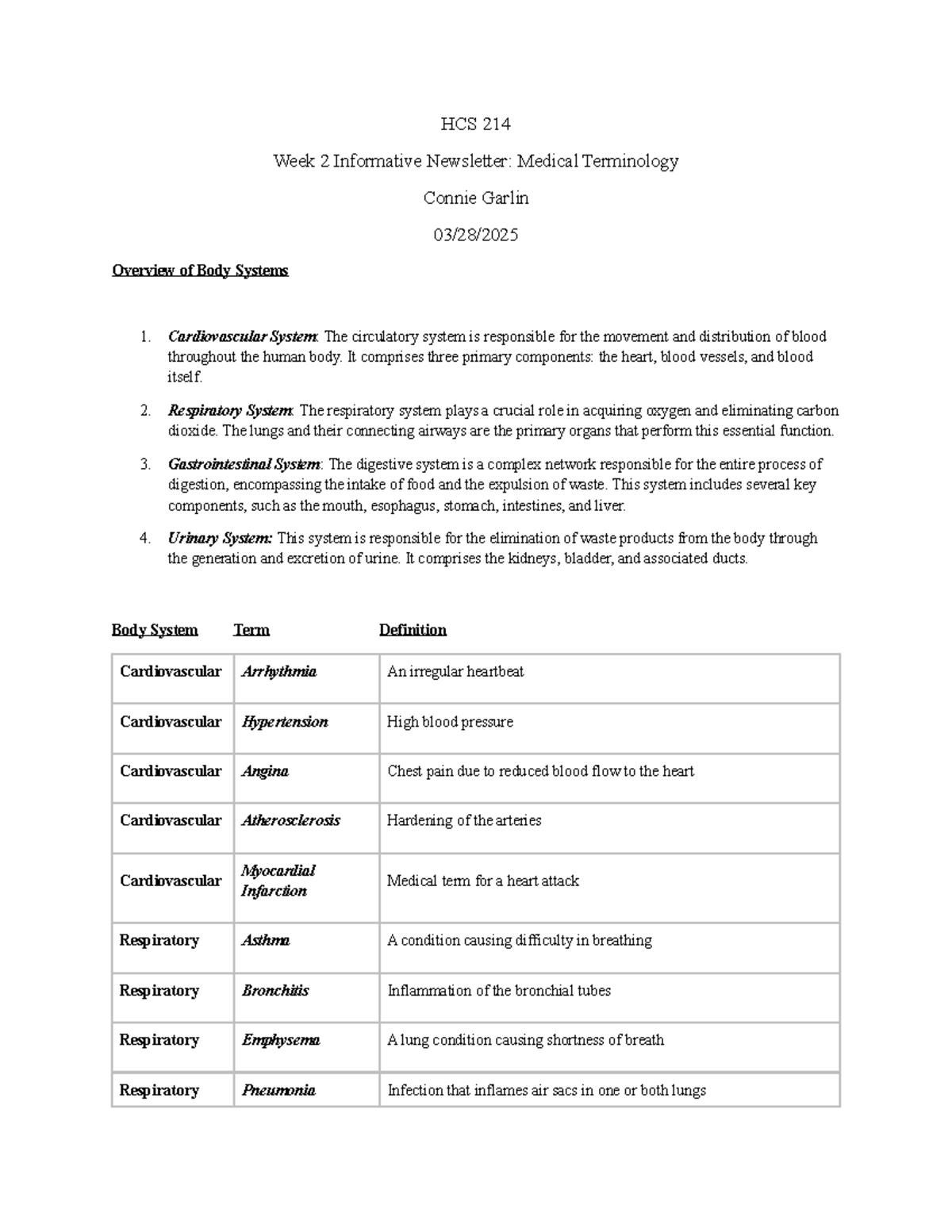 HCS 214 Week 2 Newsletter: Overview of Body Systems & Terminology - Studocu